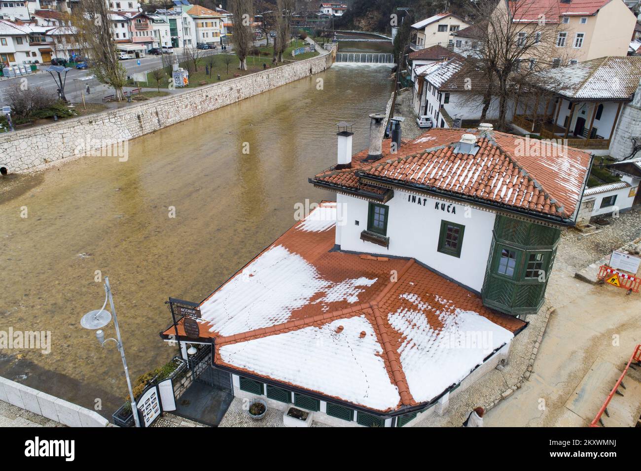 A picture taken by a drone shows Inat house (Spite house). When the ...