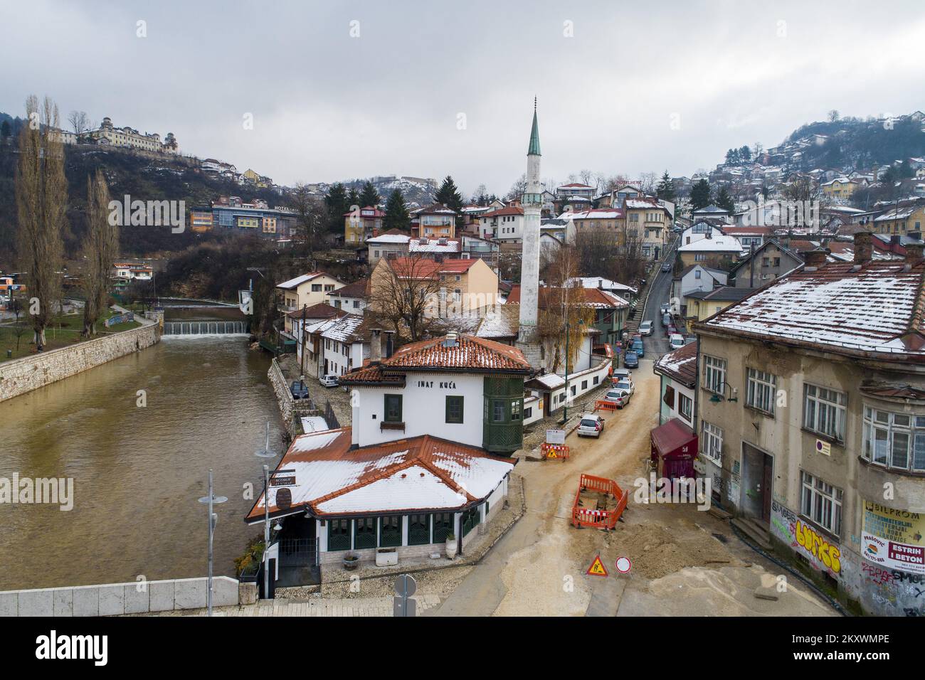 A picture taken by a drone shows Inat house (Spite house). When the ...