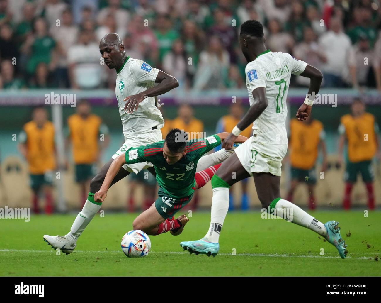 Mexico's Hirving Lozano (centre) battles with Saudi Arabia's Abdullah ...