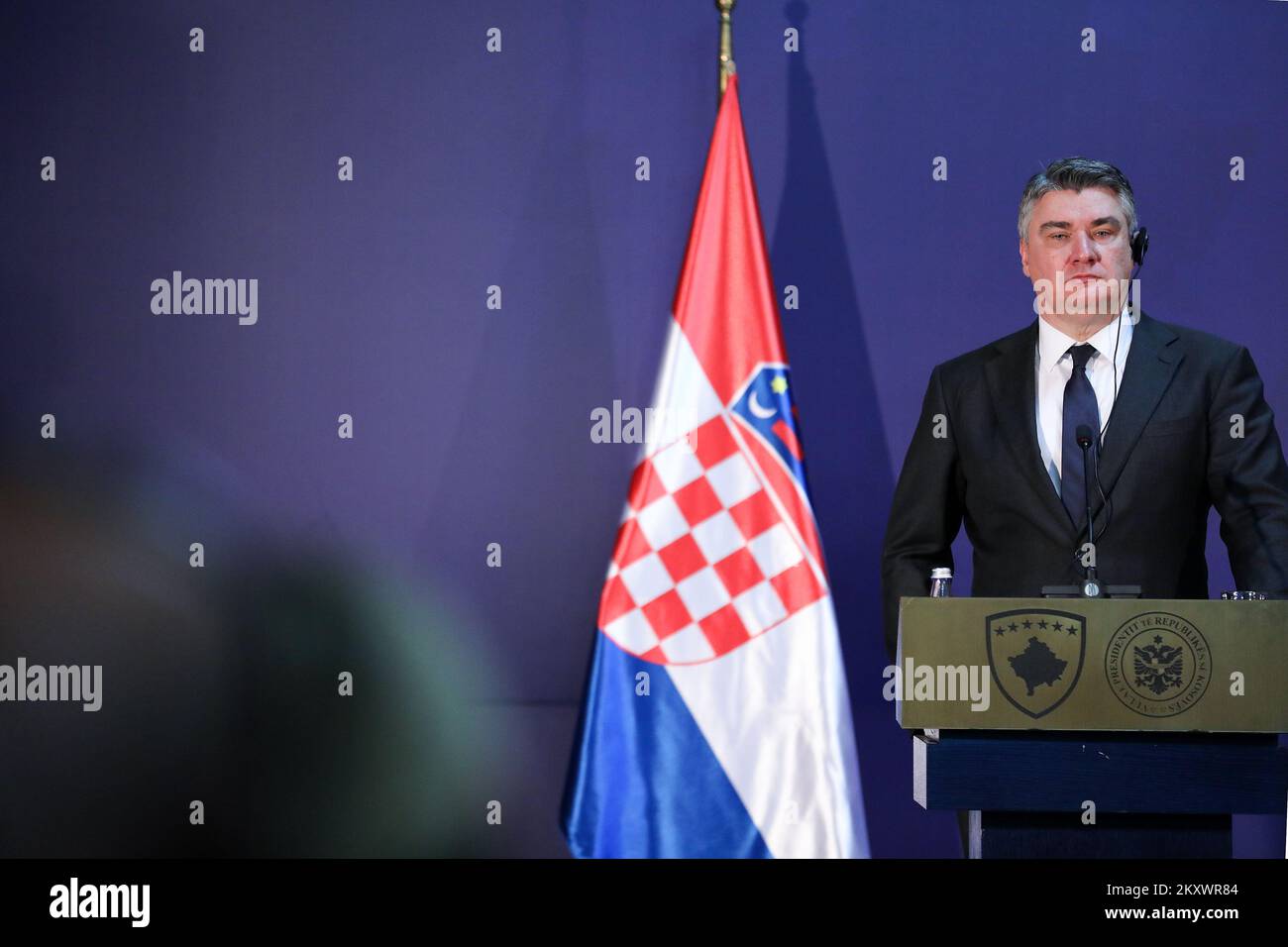 Croatian president Zoran Milanovic during press conference in Pristina ...