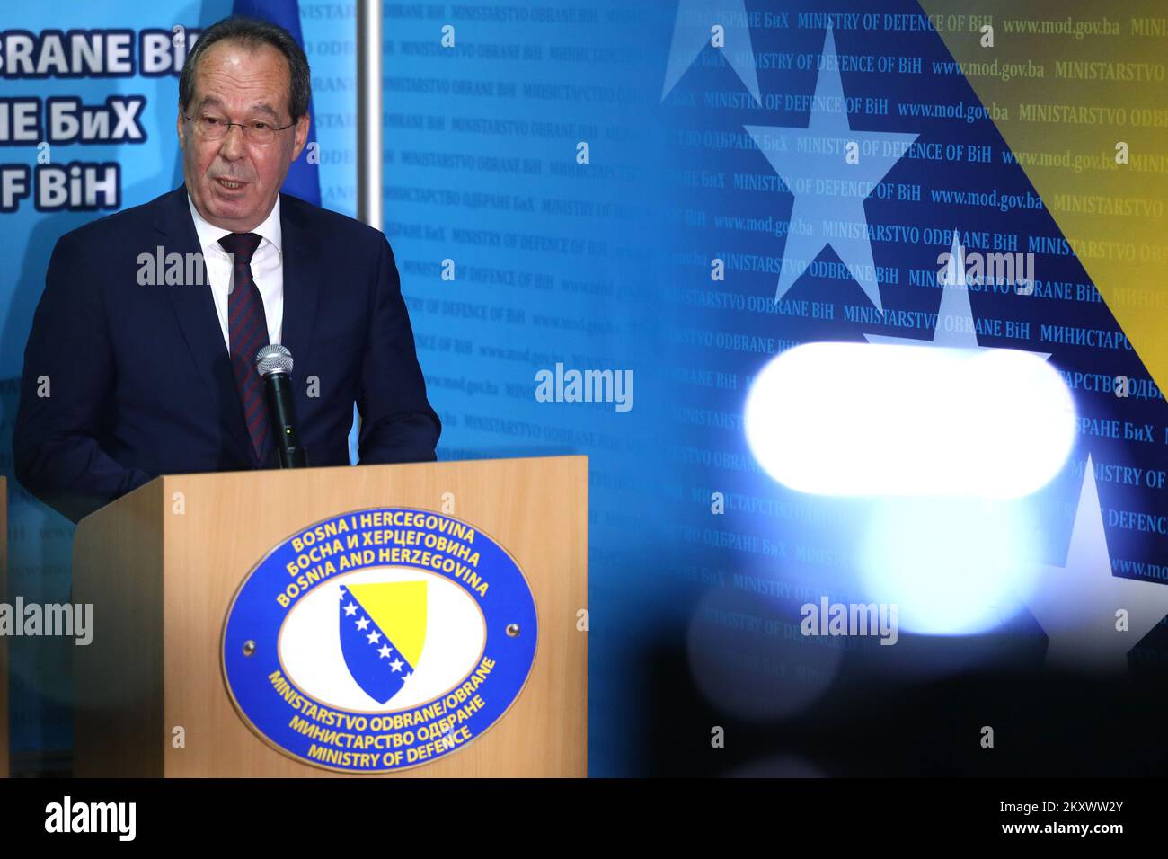 Minister of Defense of Bosnia and Herzegovina Sifet Podzic speaks on a ...