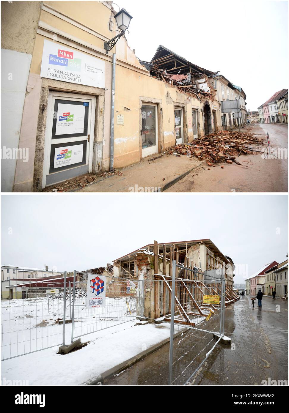 Combo photo shows a house damaged in earthquake on January 4, 2021 ...