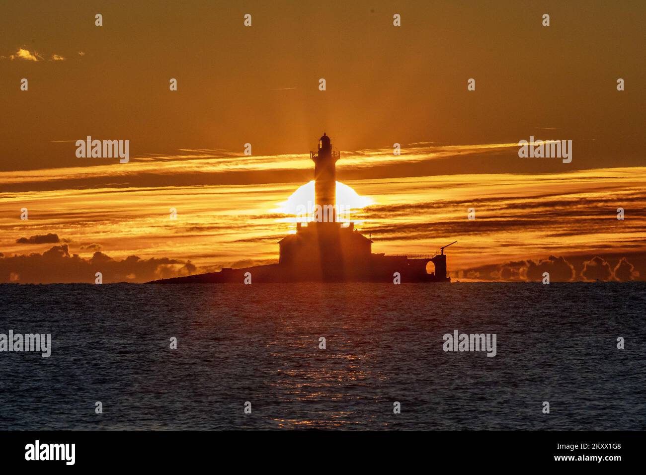 Photo taken on January 07, 2022 shows the Porer lighthouse at sunset ...