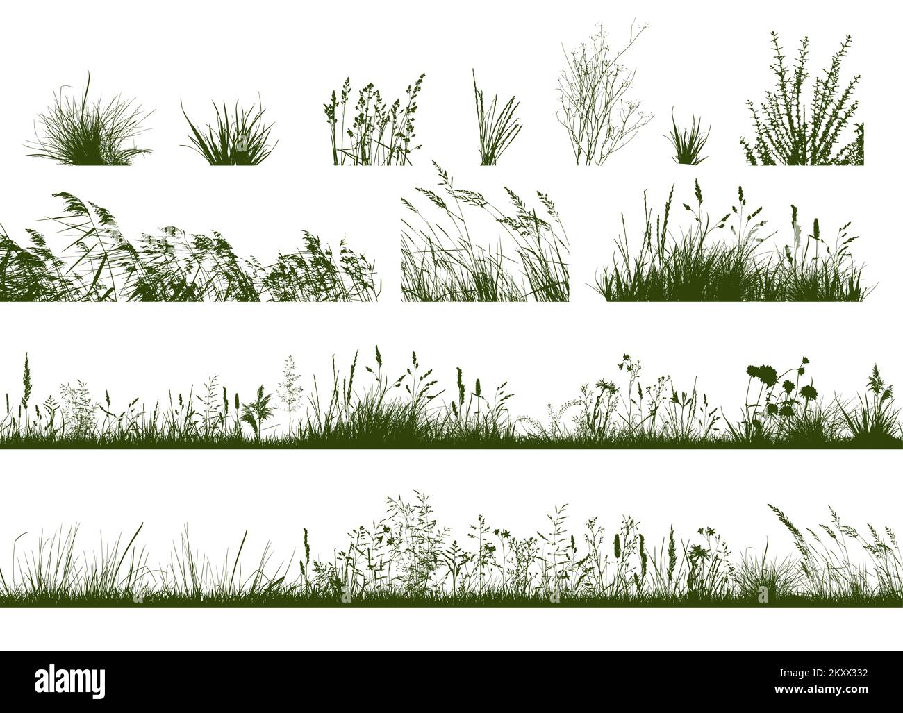 Set of horizontal banners of meadow silhouettes with grass. Vector ...