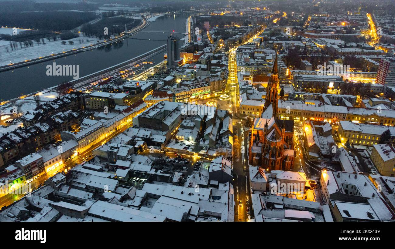 Aerial photo at dusk of the old part of the city of Osijek covered with ...