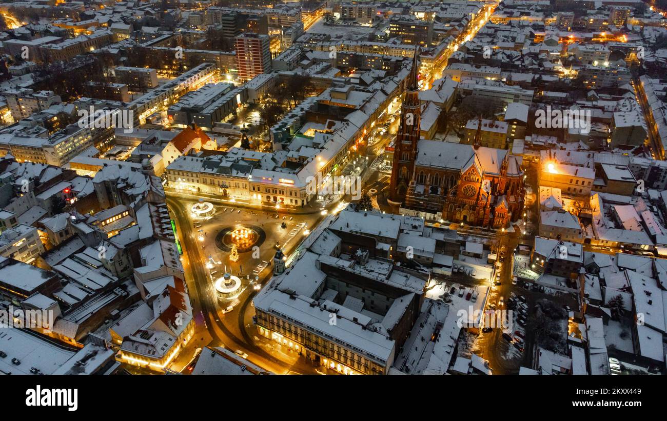 Aerial photo at dusk of the old part of the city of Osijek covered with ...