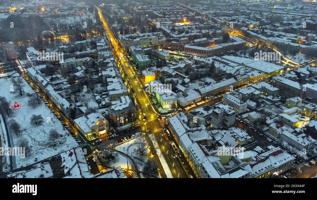 Aerial photo at dusk of the old part of the city of Osijek covered with ...