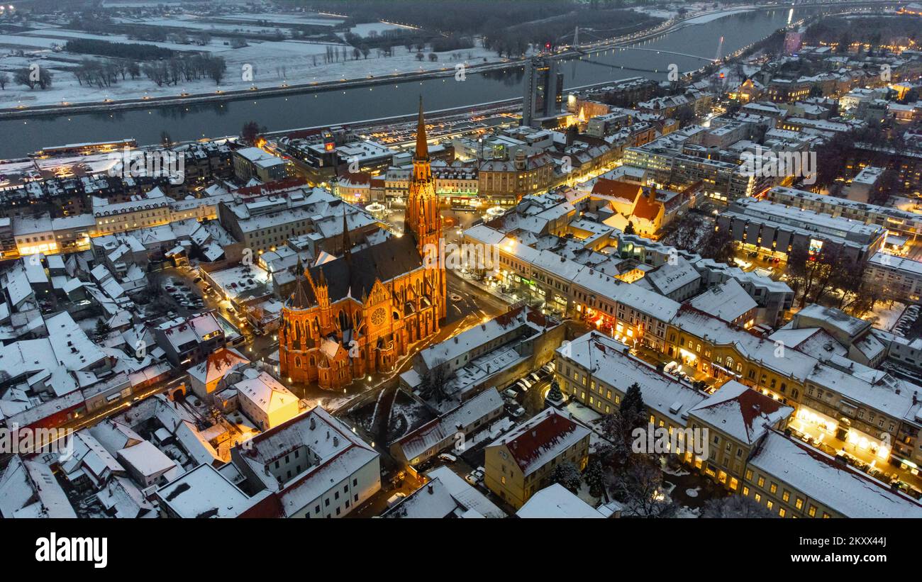 Aerial photo at dusk of the old part of the city of Osijek covered with ...