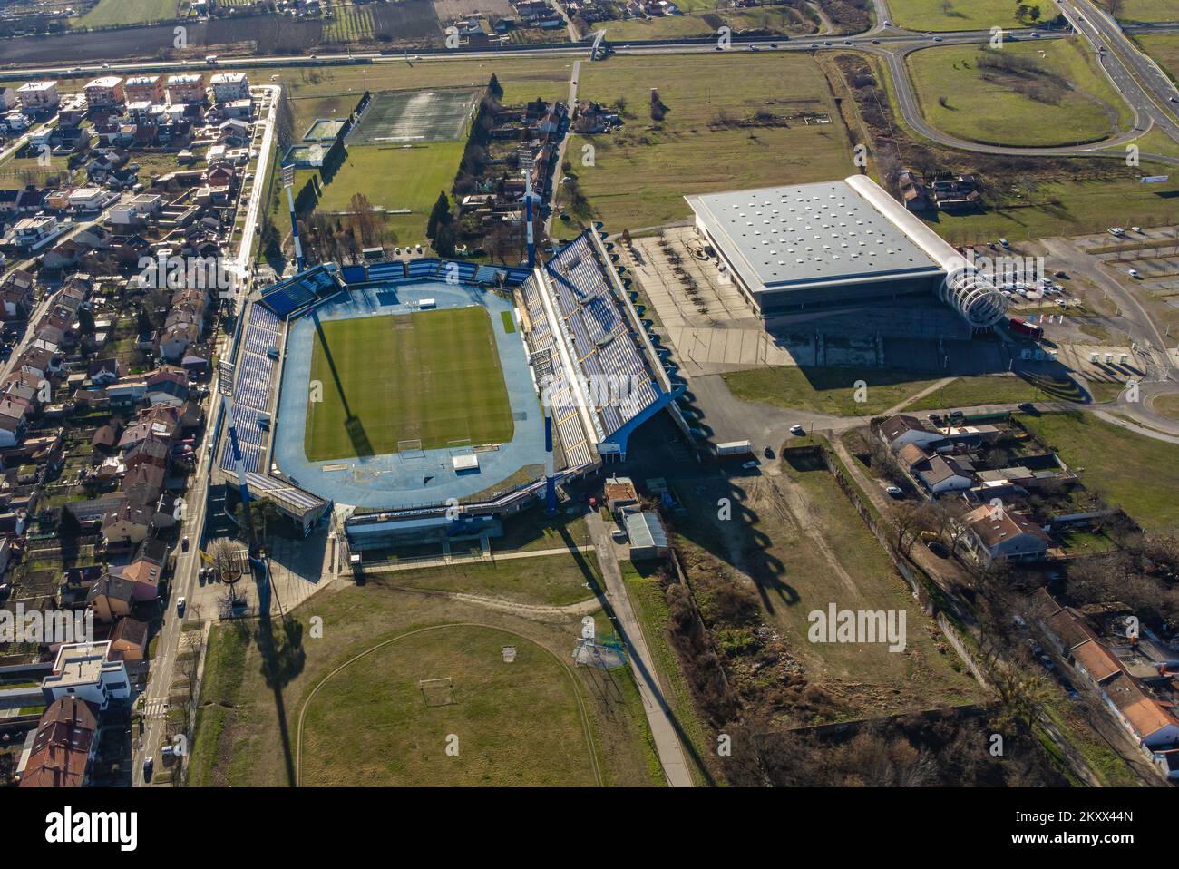 Aerial view of the Gradski vrt stadium and the Gradski vrt sports hall ...
