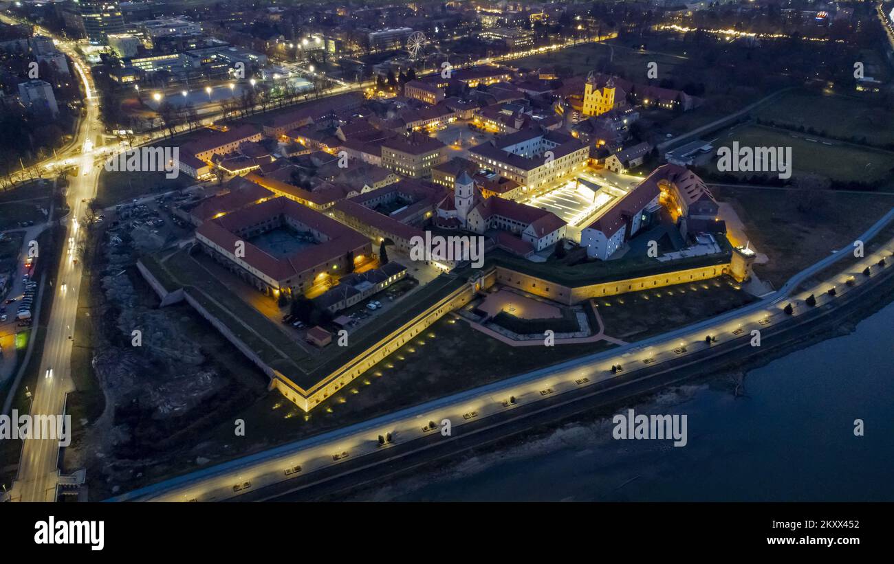 Night aerial photographs of the Osijek Fortress in Osijek, Croatia on ...