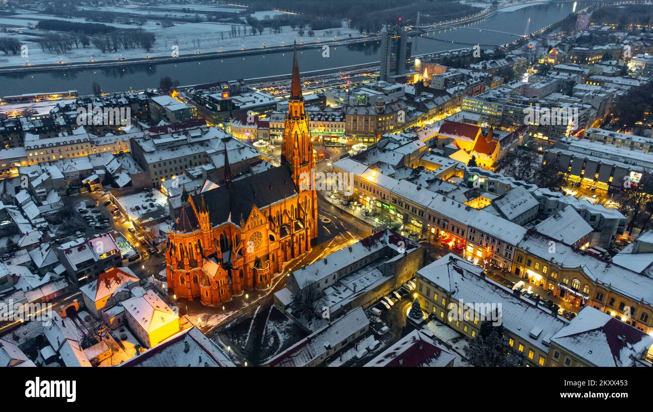 Aerial photo at dusk of the old part of the city of Osijek covered with ...