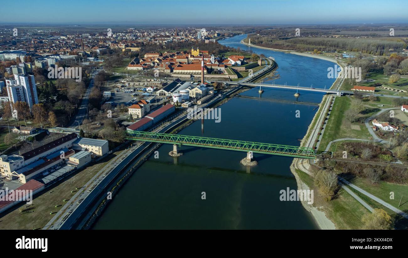 Aerial view of the Osijek Fortress and bridges over the Drava River in ...