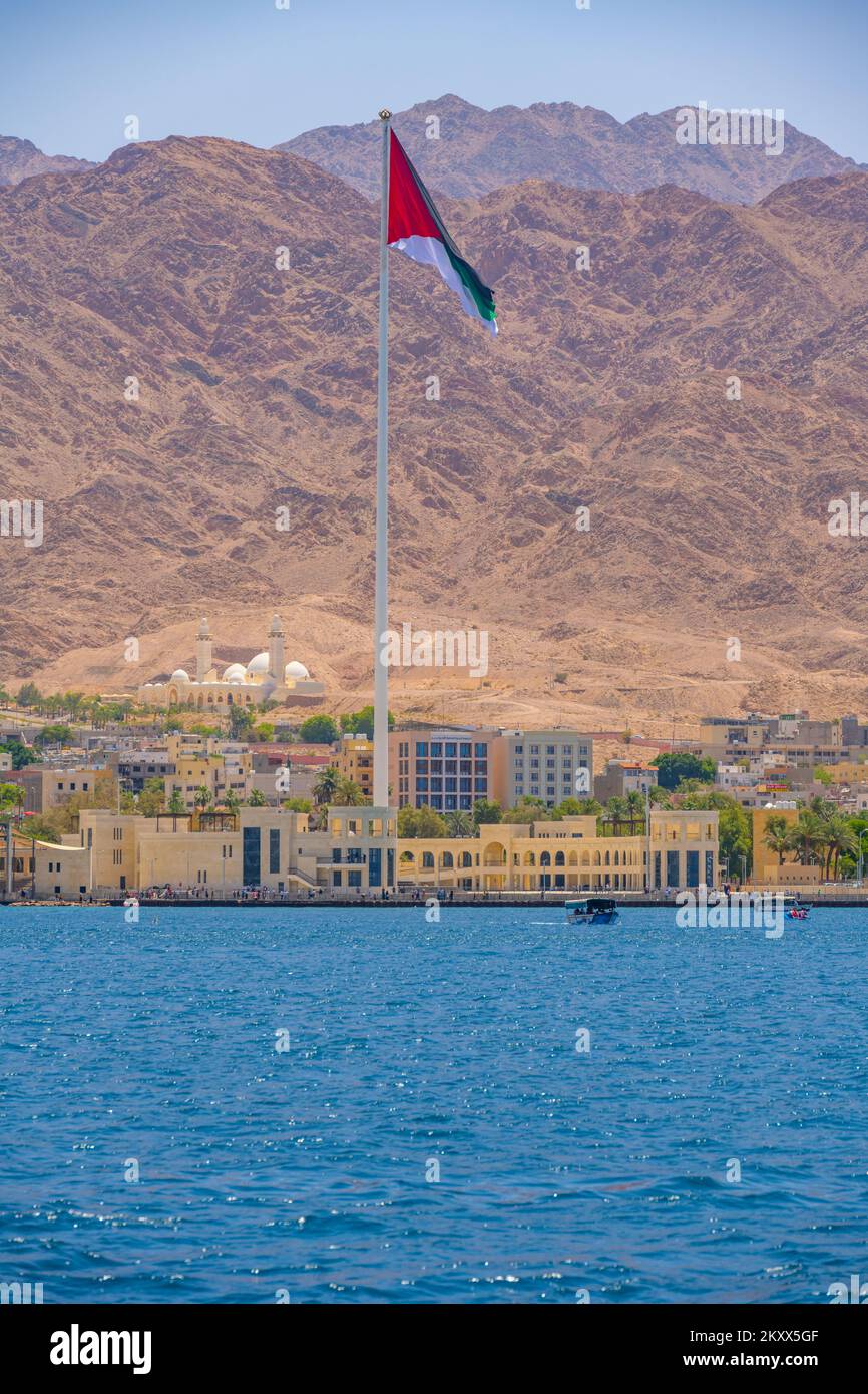 Aqaba from the Red Sea with the Arab revolt flag pole memorial Stock ...
