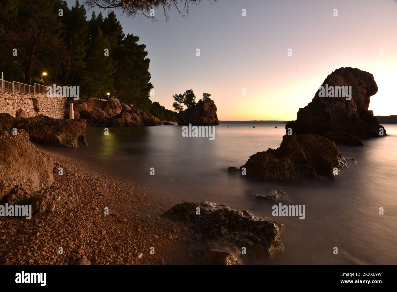 Sunset over Brela Stone in Brela, Croatia on January 15, 2022. The ...