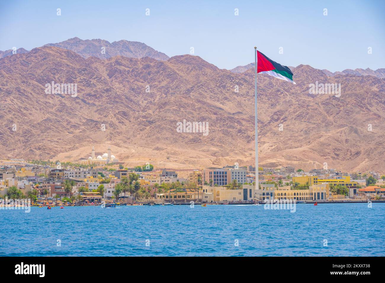 Aqaba from the Red Sea with the Arab revolt flag pole memorial Stock ...
