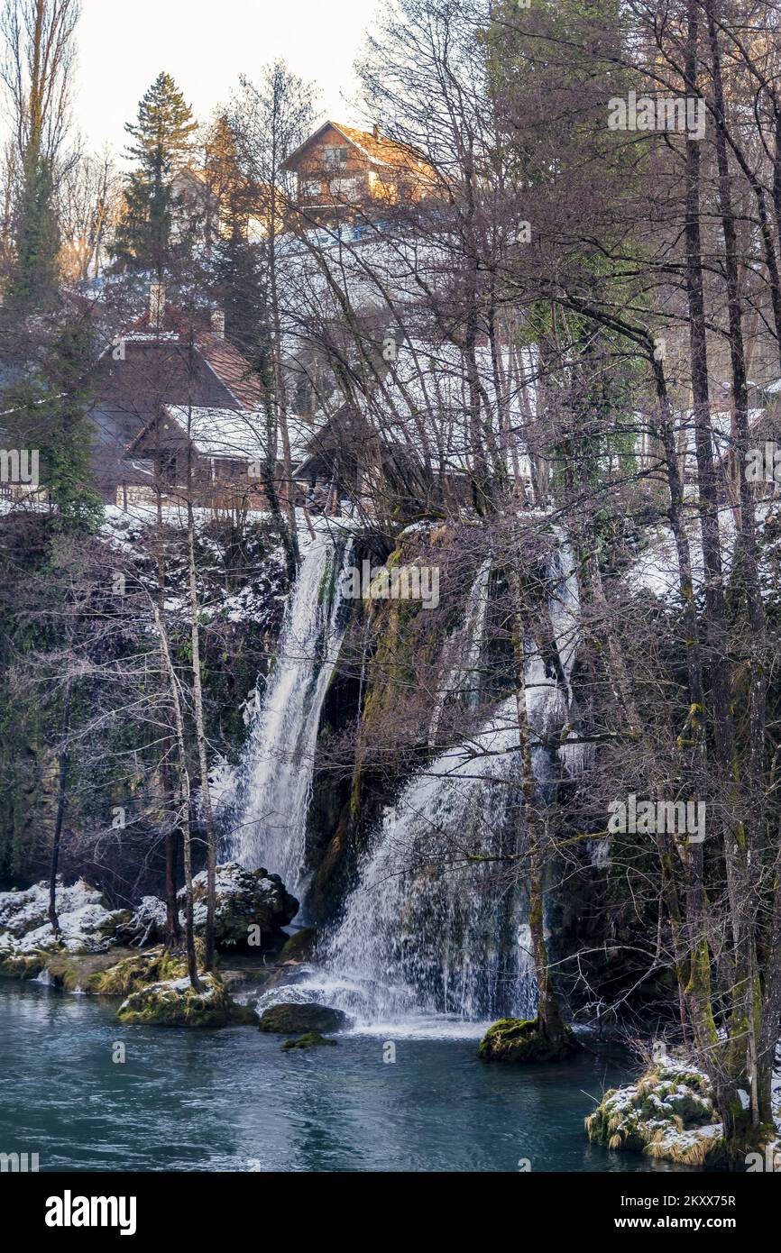 The pictures show a fairytale view of Rastoke in winter. The ...