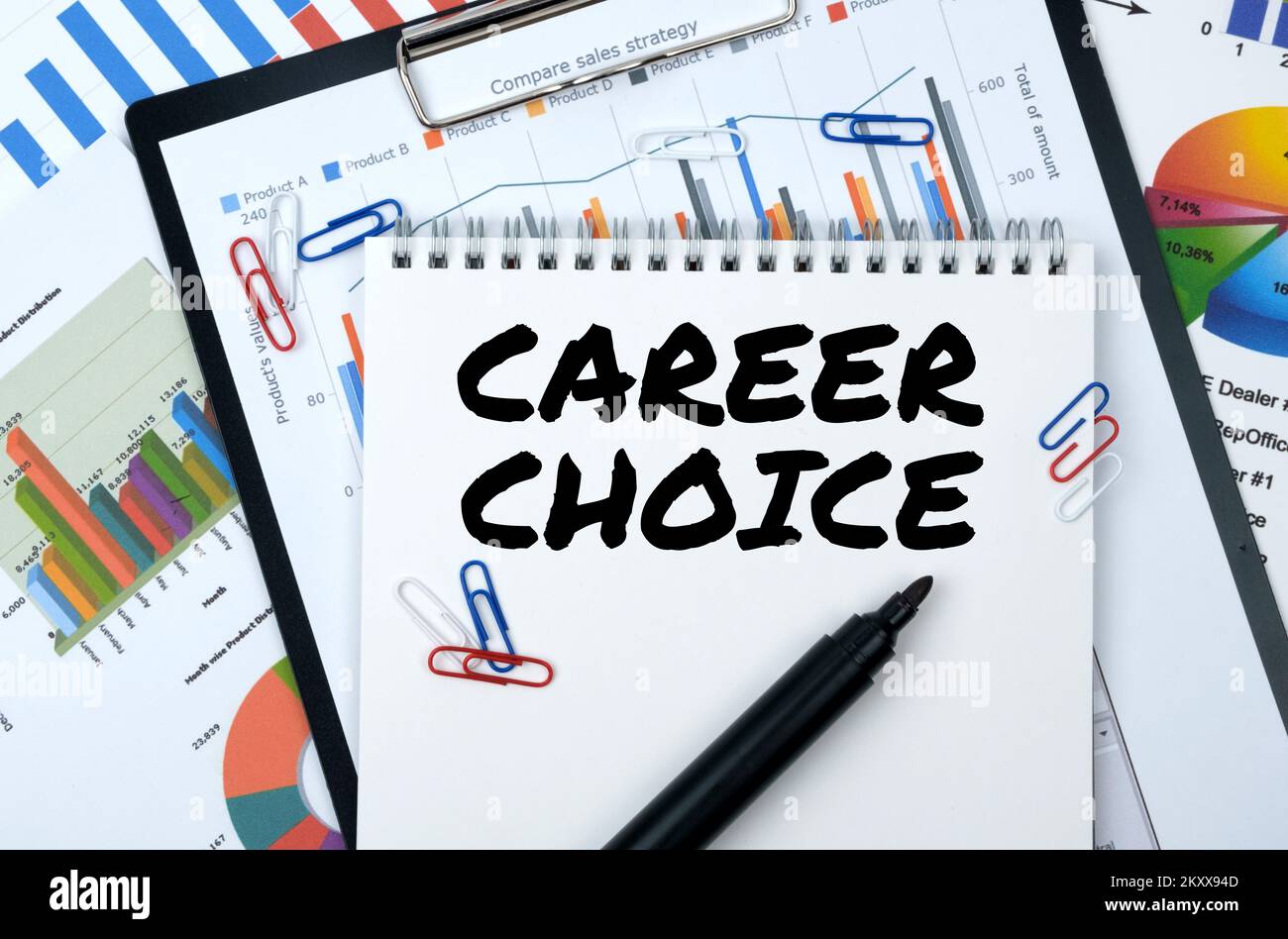 Business and finance. On the table are reports, charts, a notebook with ...