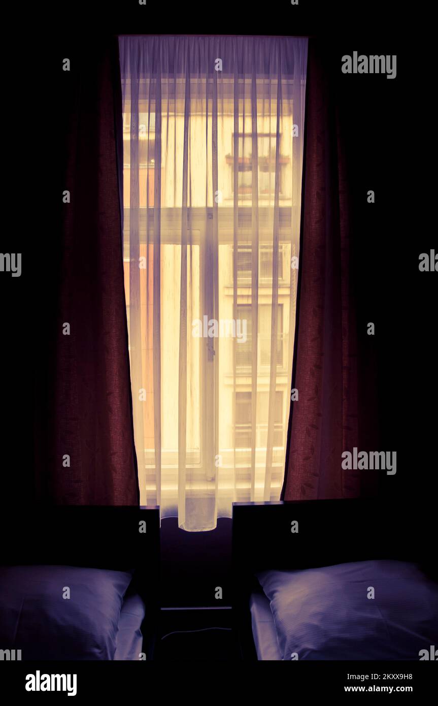 interior of a dark, mysterious room with curtain partially closed Stock ...