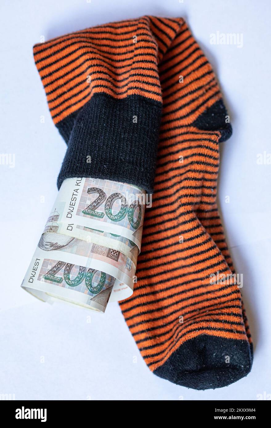 Kuna banknotes in stockings to illustrate savings at home on January 19 ...