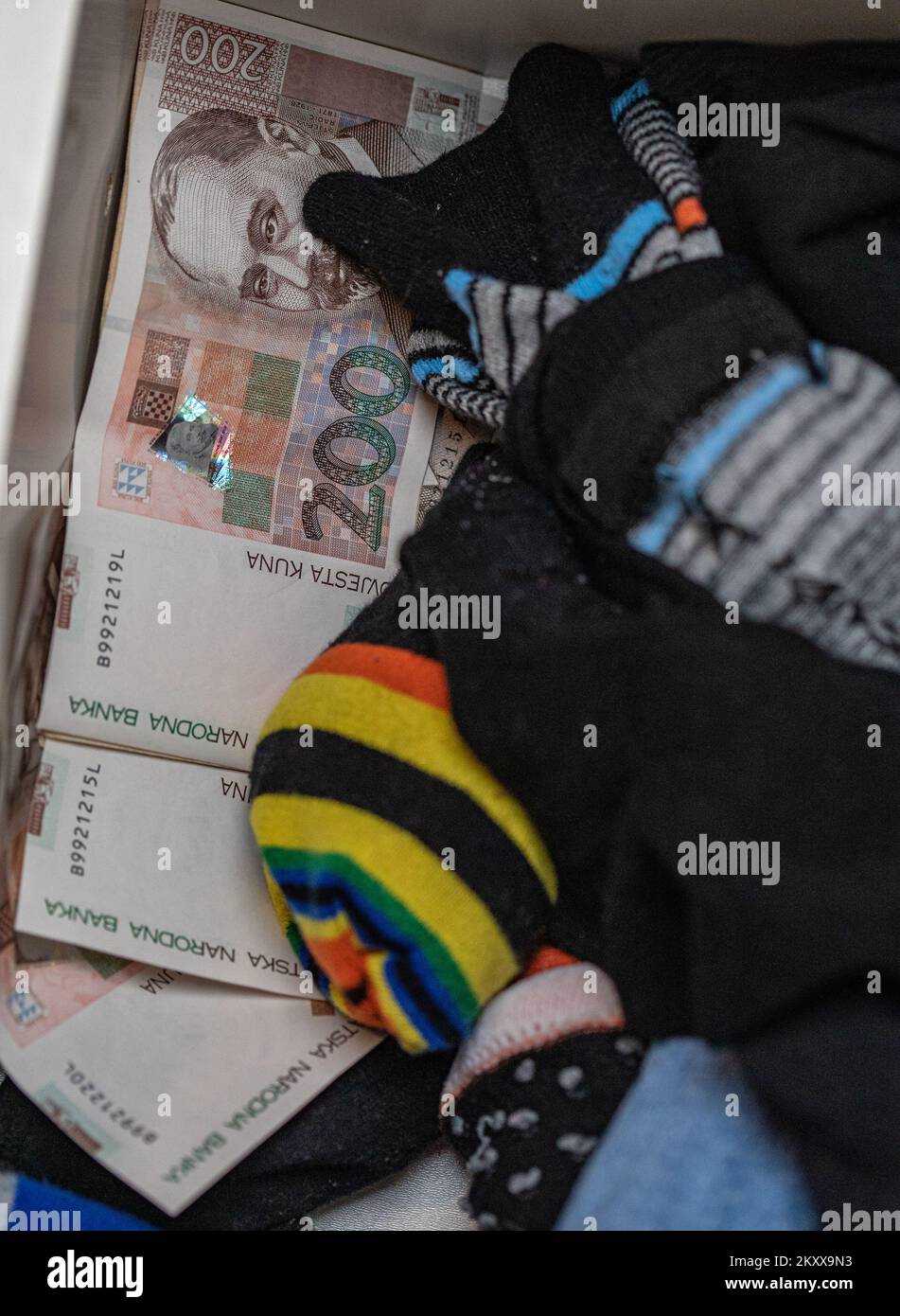 Kuna banknotes in stockings to illustrate savings at home on January 19 ...