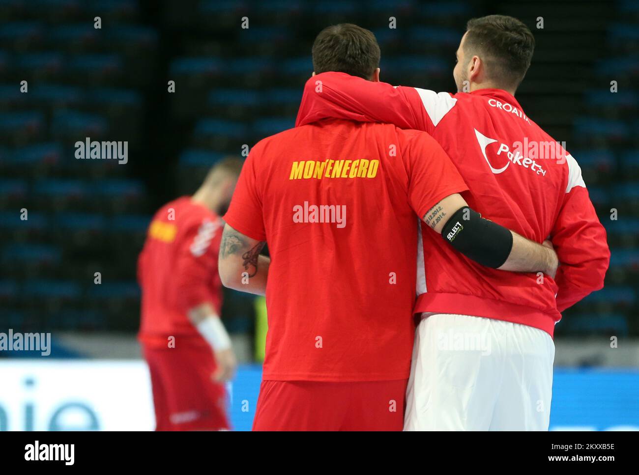 Croatian and Montenegro players during the warmup before Men's EHF EURO ...