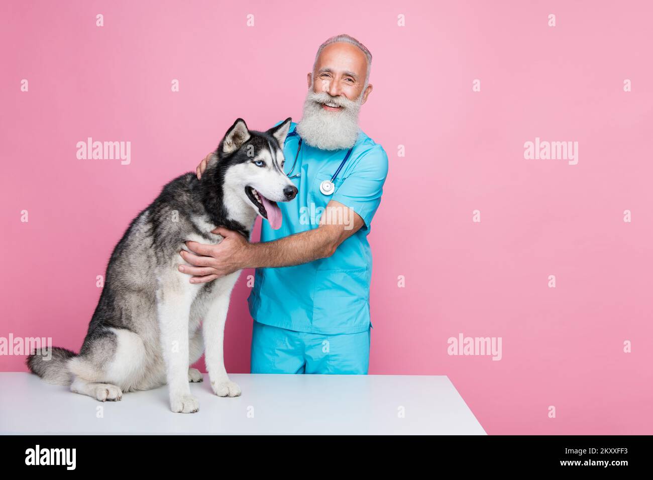 Full size photo of nice good mood doctor wear blue uniform husky ...