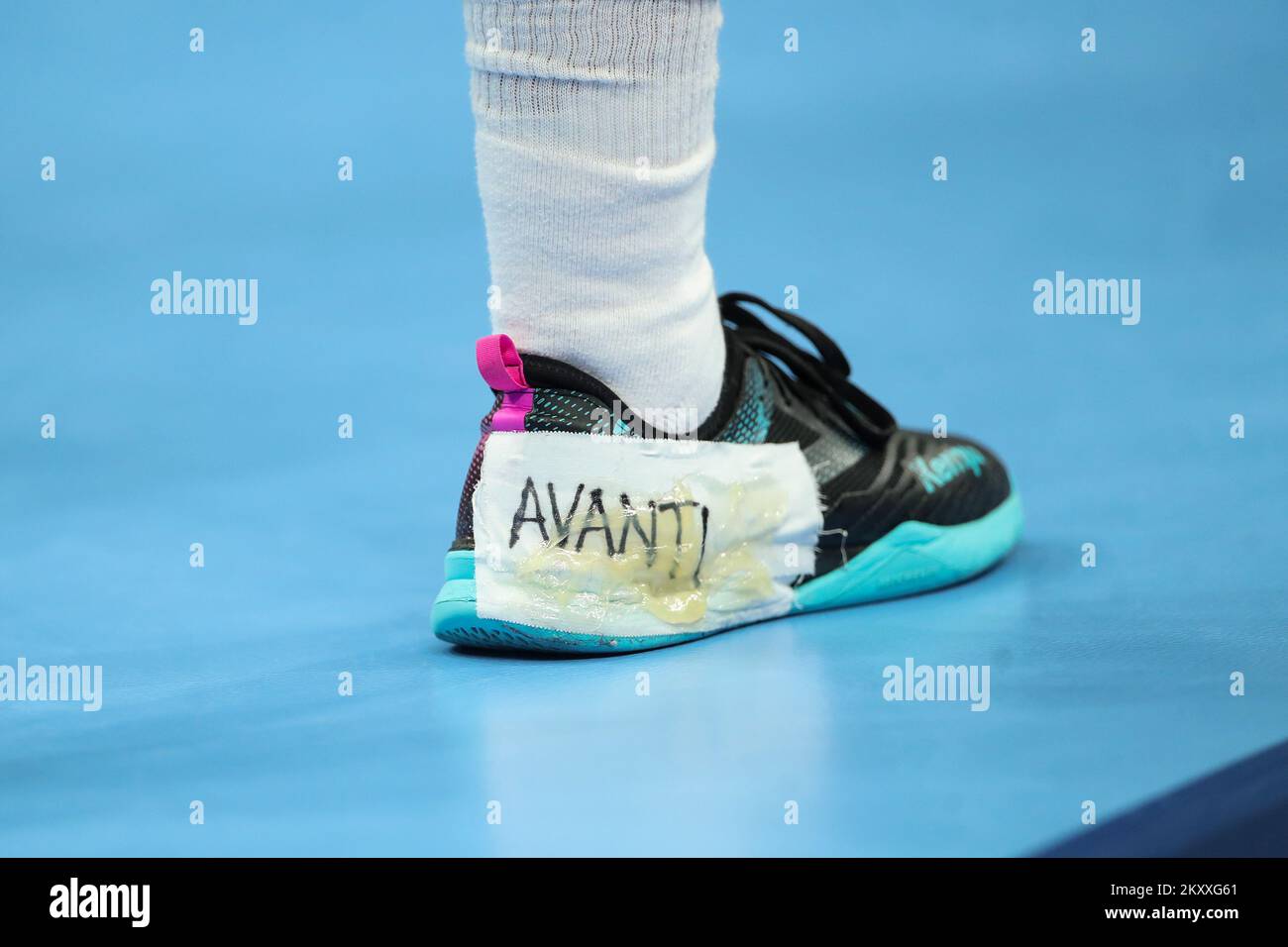 BUDAPEST, HUNGARY - JANUARY 26: Detail of Milos Vujovic shoe during the ...