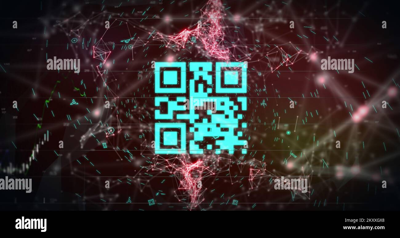 Image of a blue QR code with webs of connection over blue graph ...