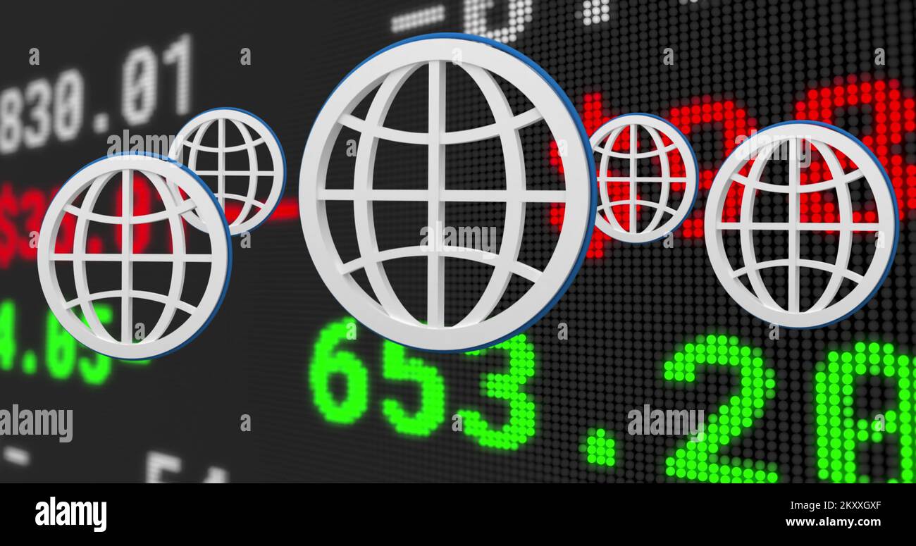 Image of stock exchange financial data processing and white globes ...