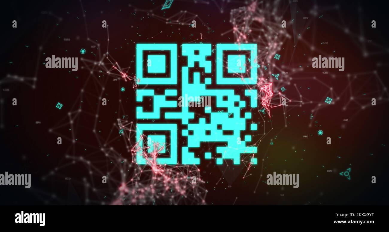 Image of a blue QR code with webs of connection over blue graph appearing Stock Photo - Alamy