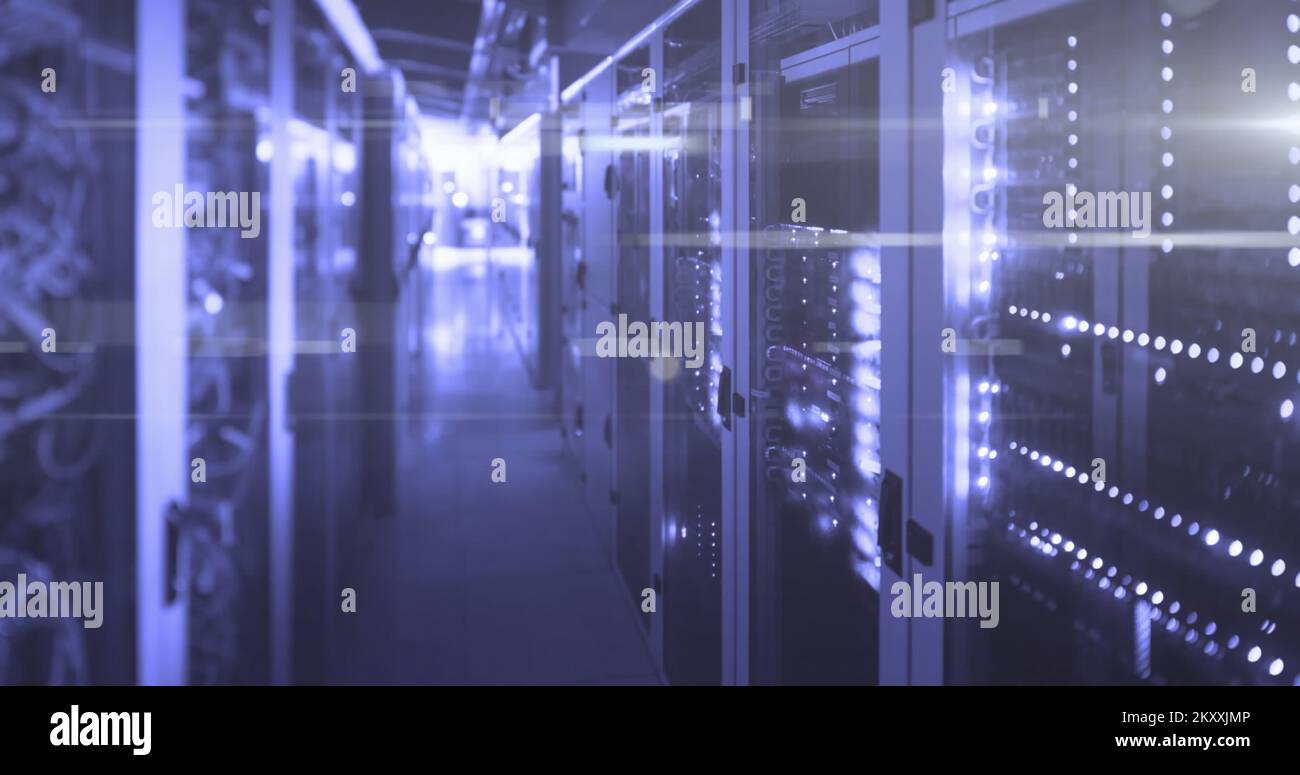 QR code scanner with neon elements against empty server room Stock ...