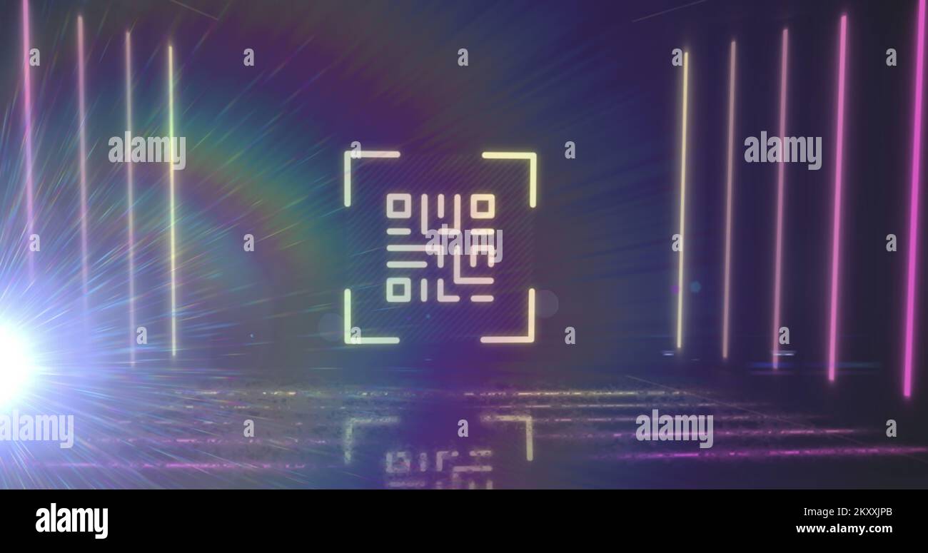 QR code scanner with neon elements against rainbow light flare Stock ...