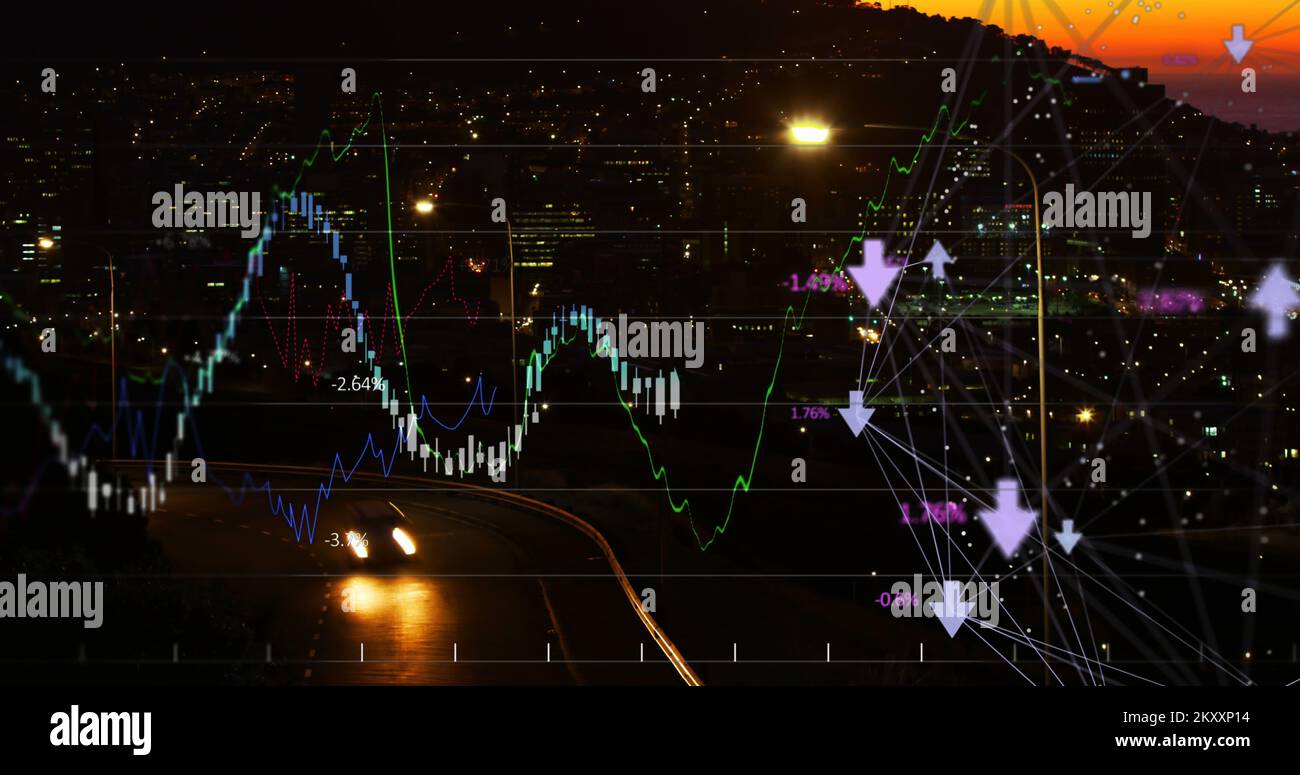 Financial curves over city by night Stock Photo - Alamy