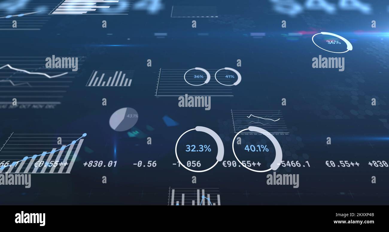 Image of financial data processing, numbers changing and statistics ...