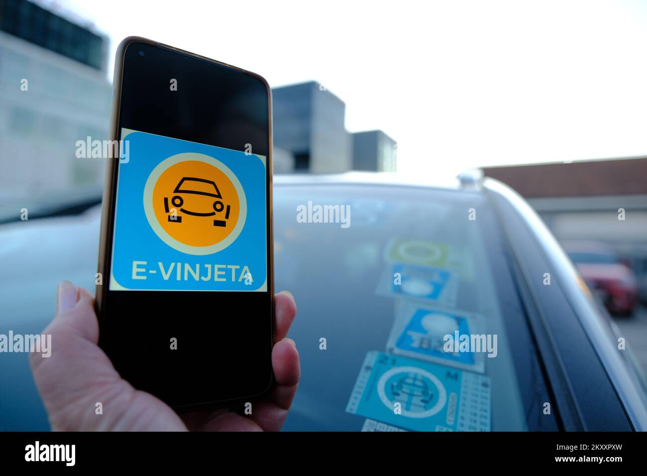 Photo taken on February 02, 2022. in Zagreb shows Slovenian E-vignettes ...