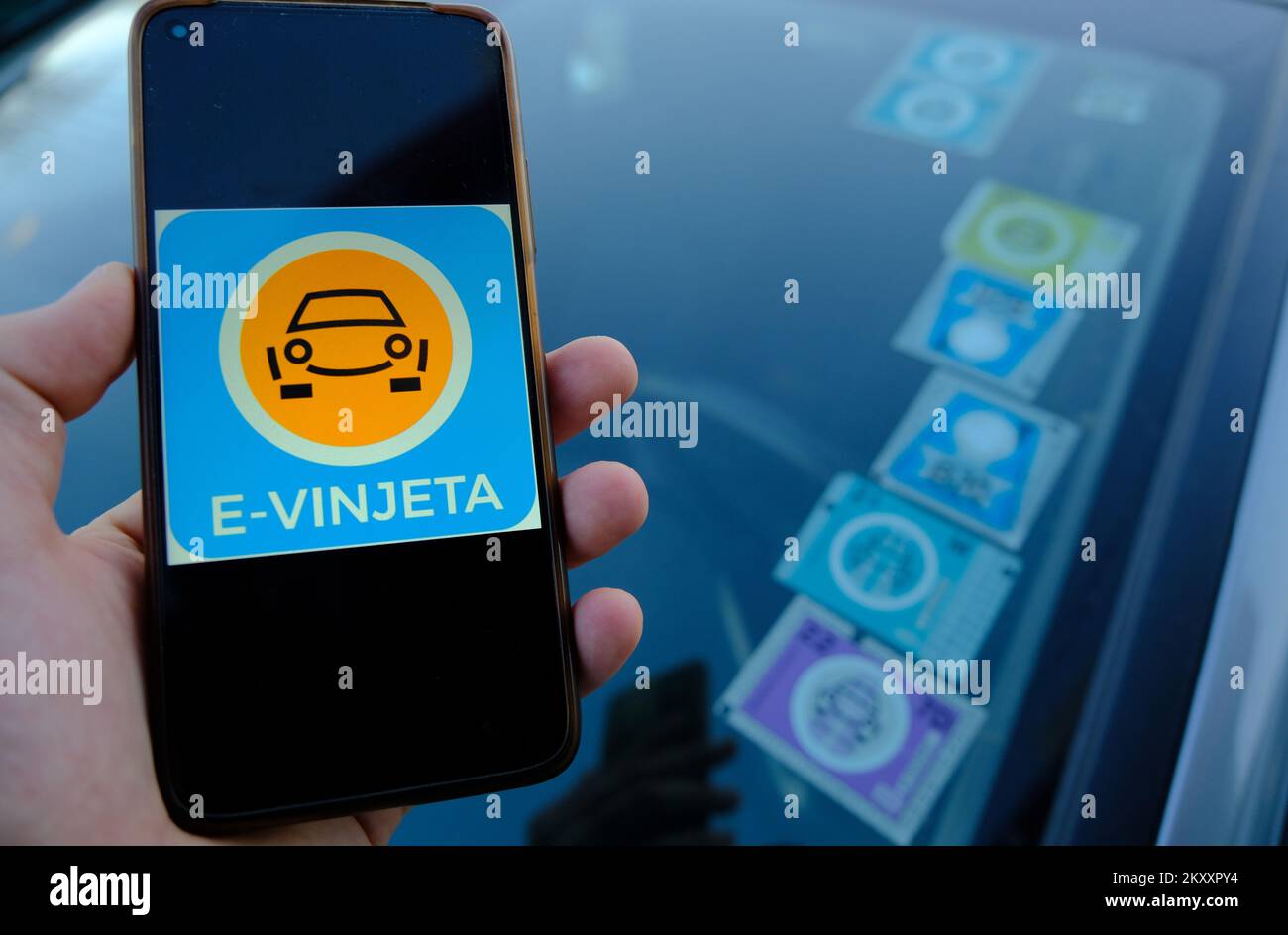 Photo taken on February 02, 2022. in Zagreb shows Slovenian E-vignettes ...