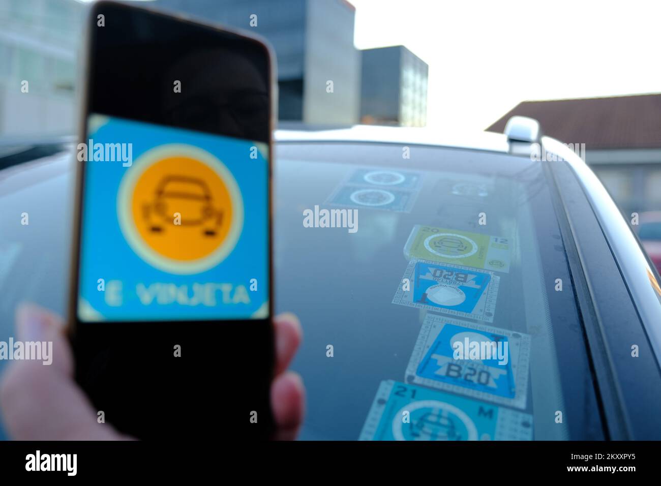 Photo taken on February 02, 2022. in Zagreb shows Slovenian E-vignettes ...