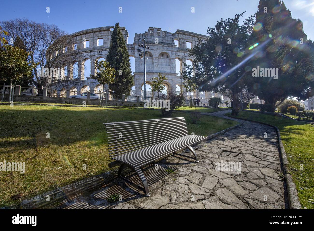 Photo taken on February 7, 2022 shows Pula Amphitheater , in Pula ...