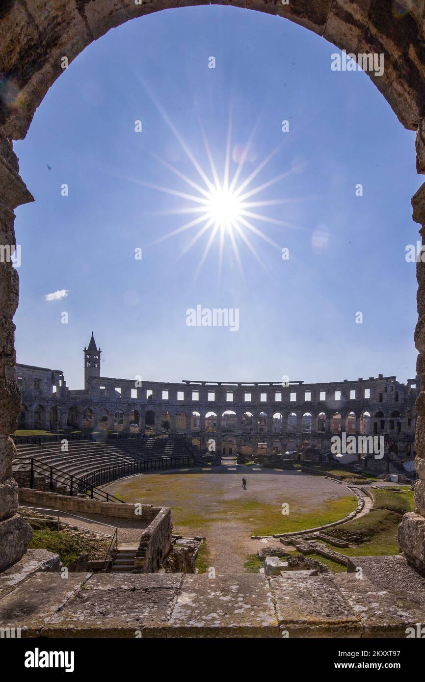 Photo taken on February 7, 2022 shows Pula Amphitheater , in Pula ...