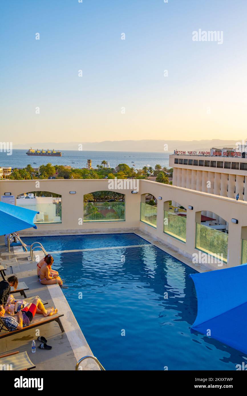 Roof top swimming pool at hotel in Aqaba Jordan Stock Photo - Alamy