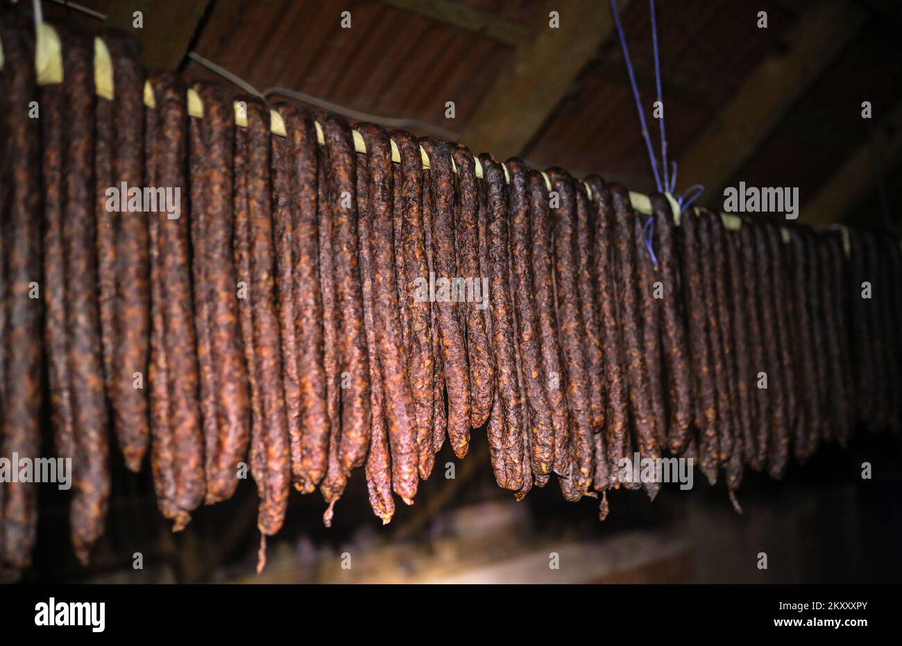 Smoked sausage famous delicatessen from Slavonia part of the Croatia ...
