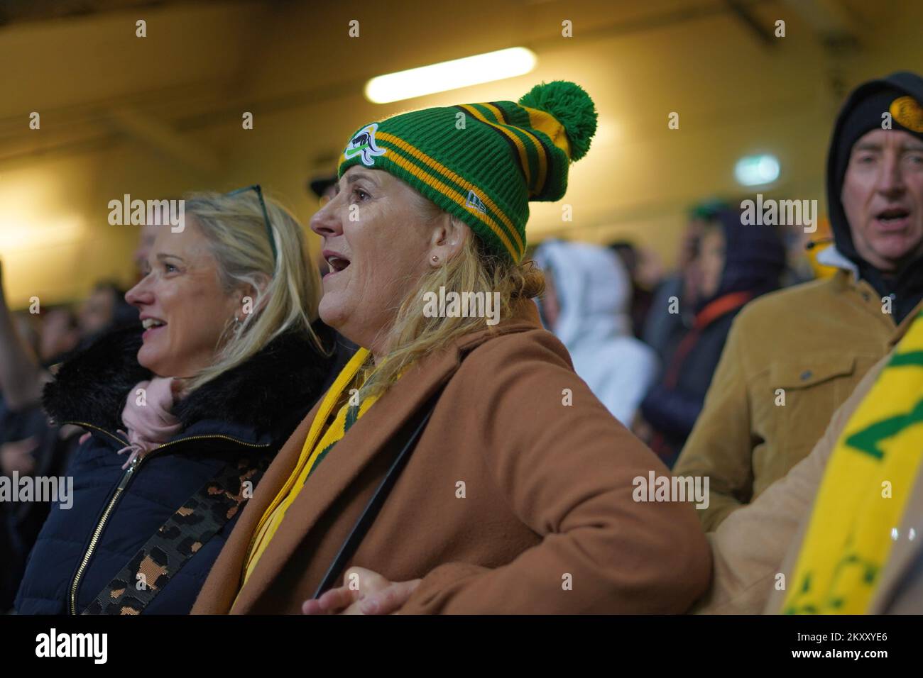 Female Australian rugby fan singing national anthem before rugby match ...