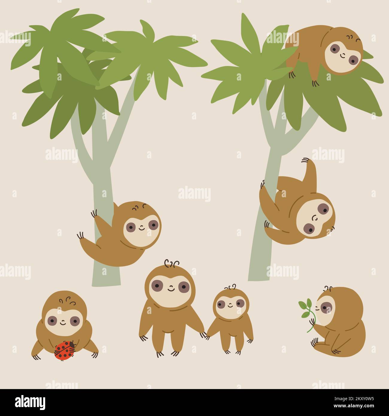 Little cute sloths on the tree. Kawaii style animals drawing Stock ...