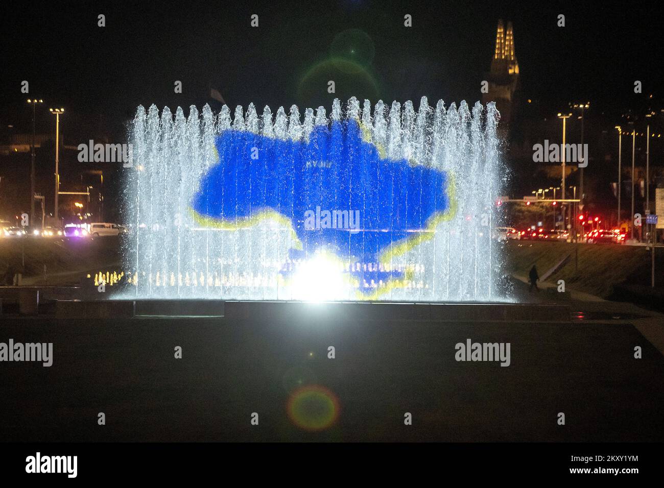 Fountains near the National library in Zagreb, Croatia illuminated in ...