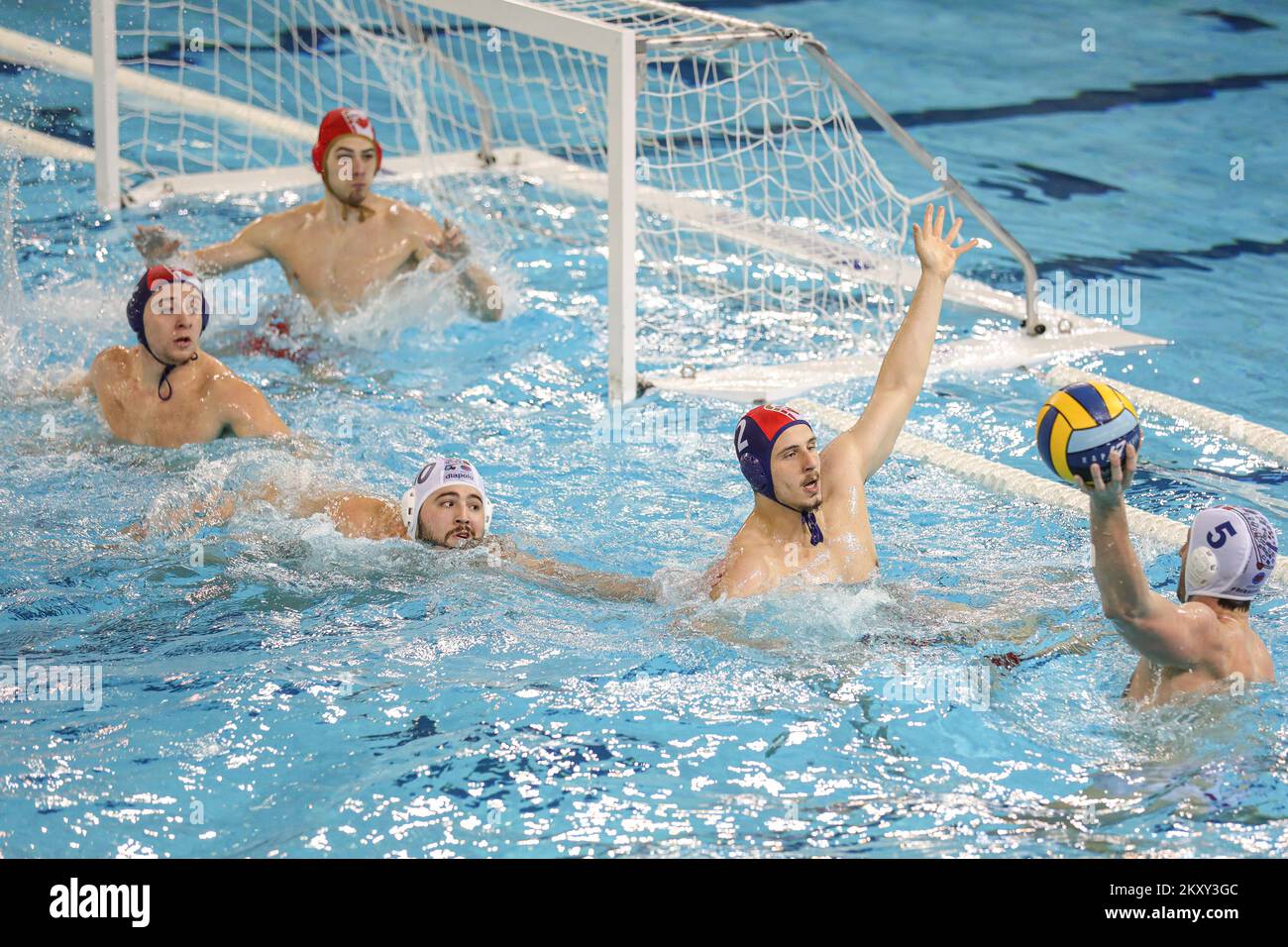 (L-R) Konstantinos Kakaris of Jug, Veljko Tankosic of Crvena zvezda and ...