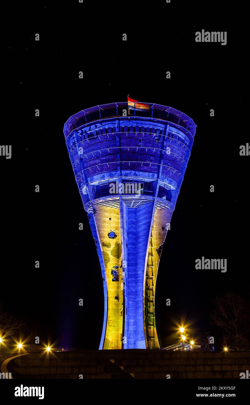 The Vukovar water tower - a symbol of Croatian unity illuminated in the ...