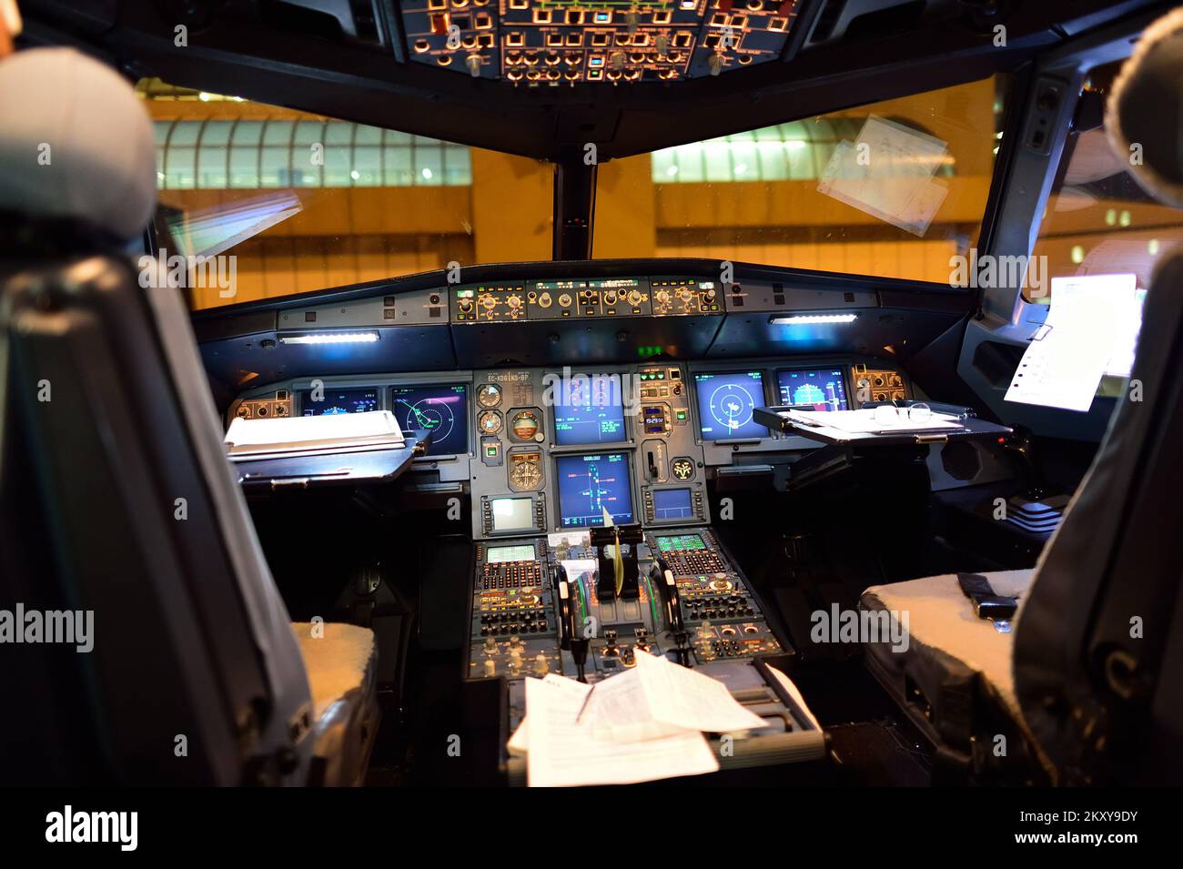 ROME, ITALY - AUGUST 04, 2015: Airbus A320 cockpit interior at night ...