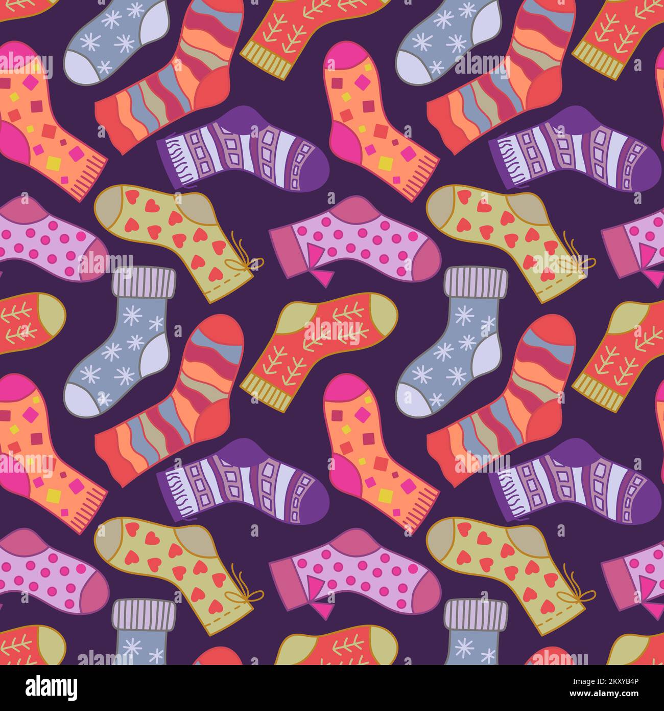 Winter socks seamless pattern on purple background. Different texture ...
