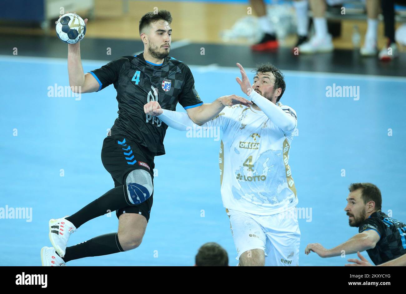 Filip Vistorop of PPD Zagreb is challenged by Domagoj Duvnjak of Kielduring EHF Champions League ...