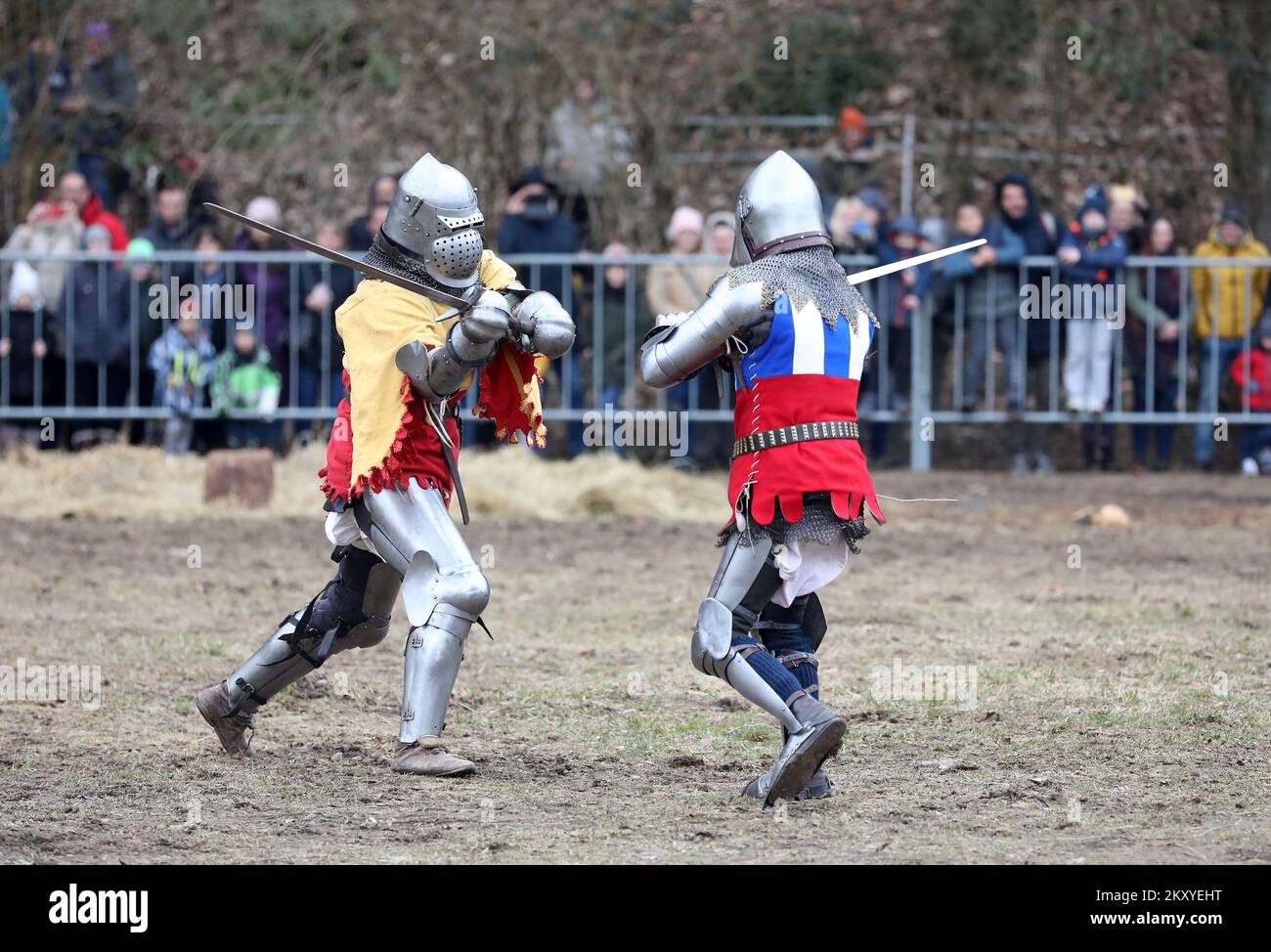Actors re-enact a medieval battle in Samobor, Croatia, on March 6, 2022 ...